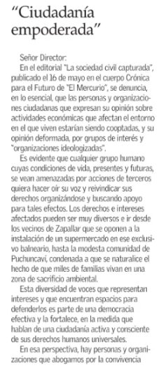 Carta al director El Mercurio: "Ciudadanía empoderada"